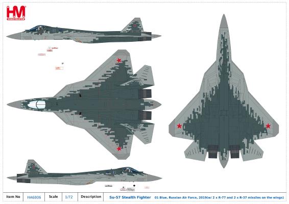 Su-57 Stealth Fighter 01 Blue, Russian Air Force, 2019 (w/ 2 x R-77 and ...